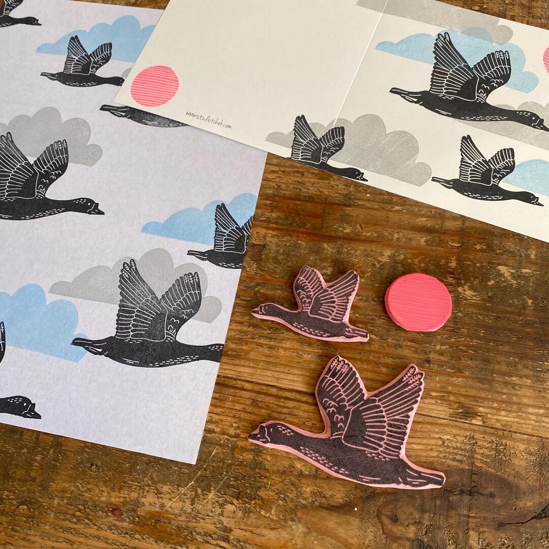 Rubber Stamp Set of Two | Goose | Hand Carved Stamp | Mounted or ...