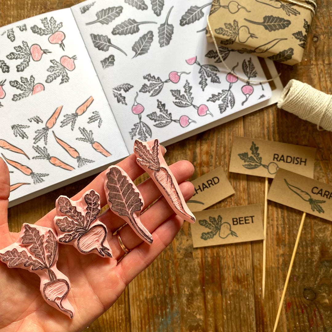 Set of 4 Hand Carved Stamps | Hand Carved Stamp | Carrot Stamp | Spring ...