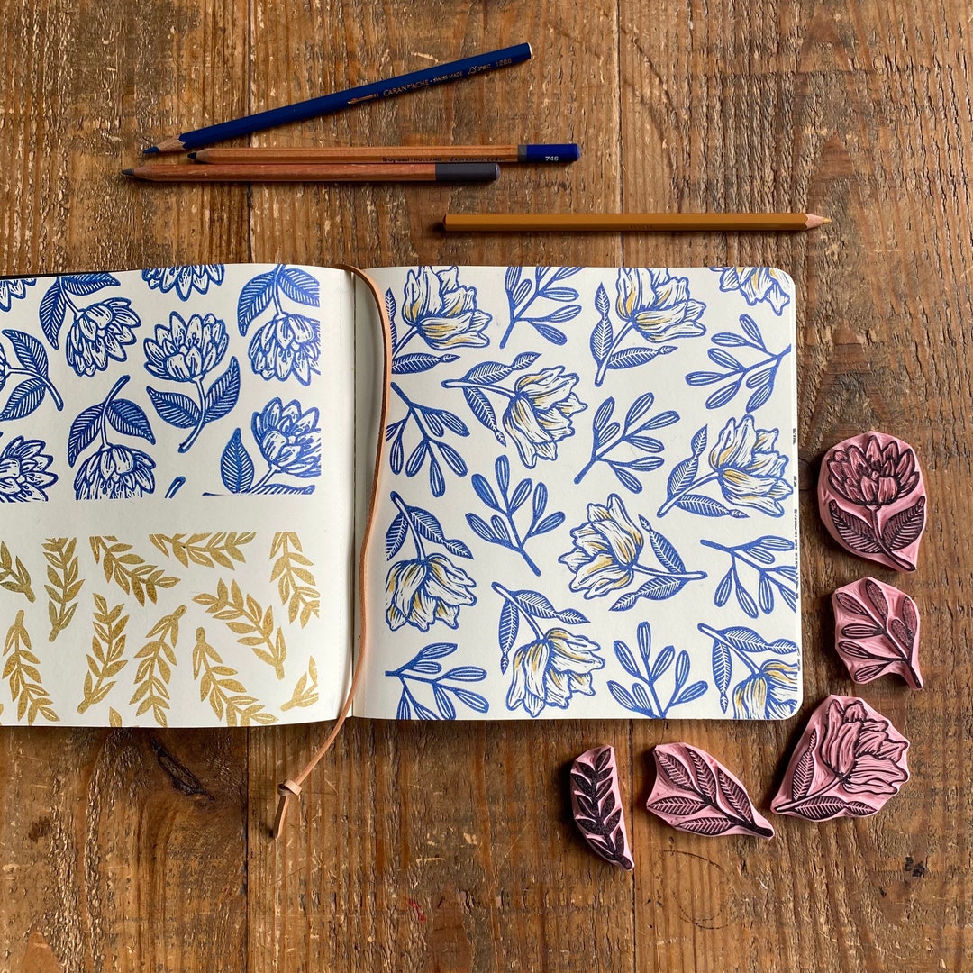 Set of 5 Hand Carved Stamps | Hand Carved Stamp | Flower | Spring ...