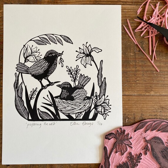 Lino Print Original Printing Birds Preparing the Nest | Etsy Lino Print Original Printing Birds Preparing the Nest | Etsy