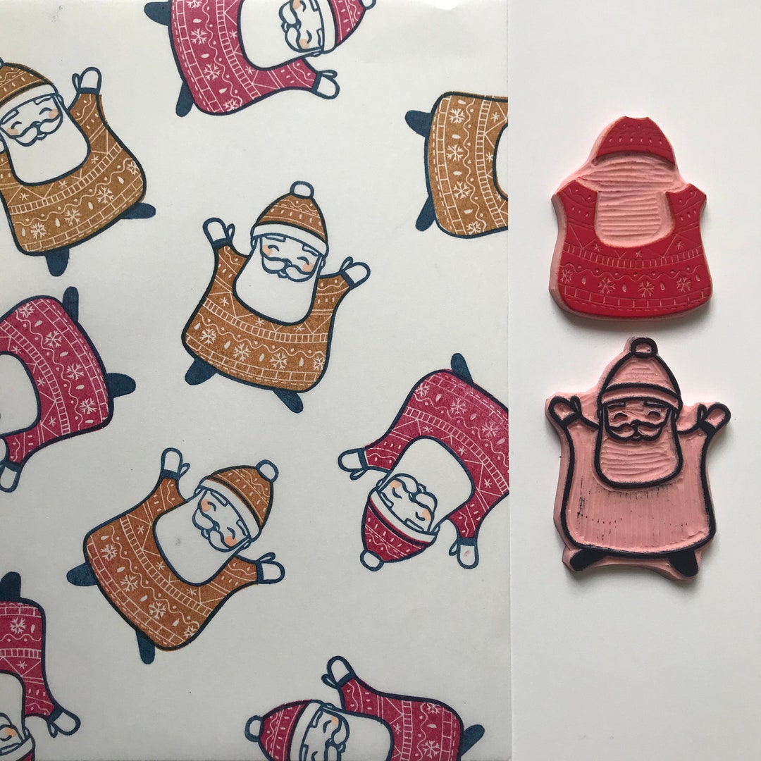 Santa Stamp Set of Two | Hand Carved Stamp | Mounted on Wood | Stamping ...