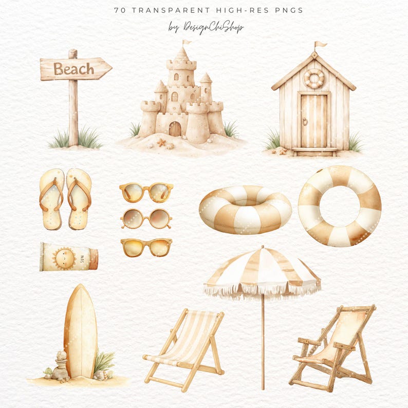 Watercolor Summer Vacation Clipart, Beach Animals & Tropical Pngs for ...