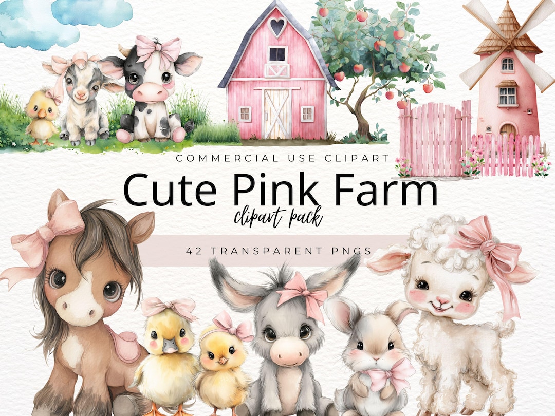 Cute Farm Animals Clipart, Watercolor Pink Farm, Pastel Barn, Nursery ...