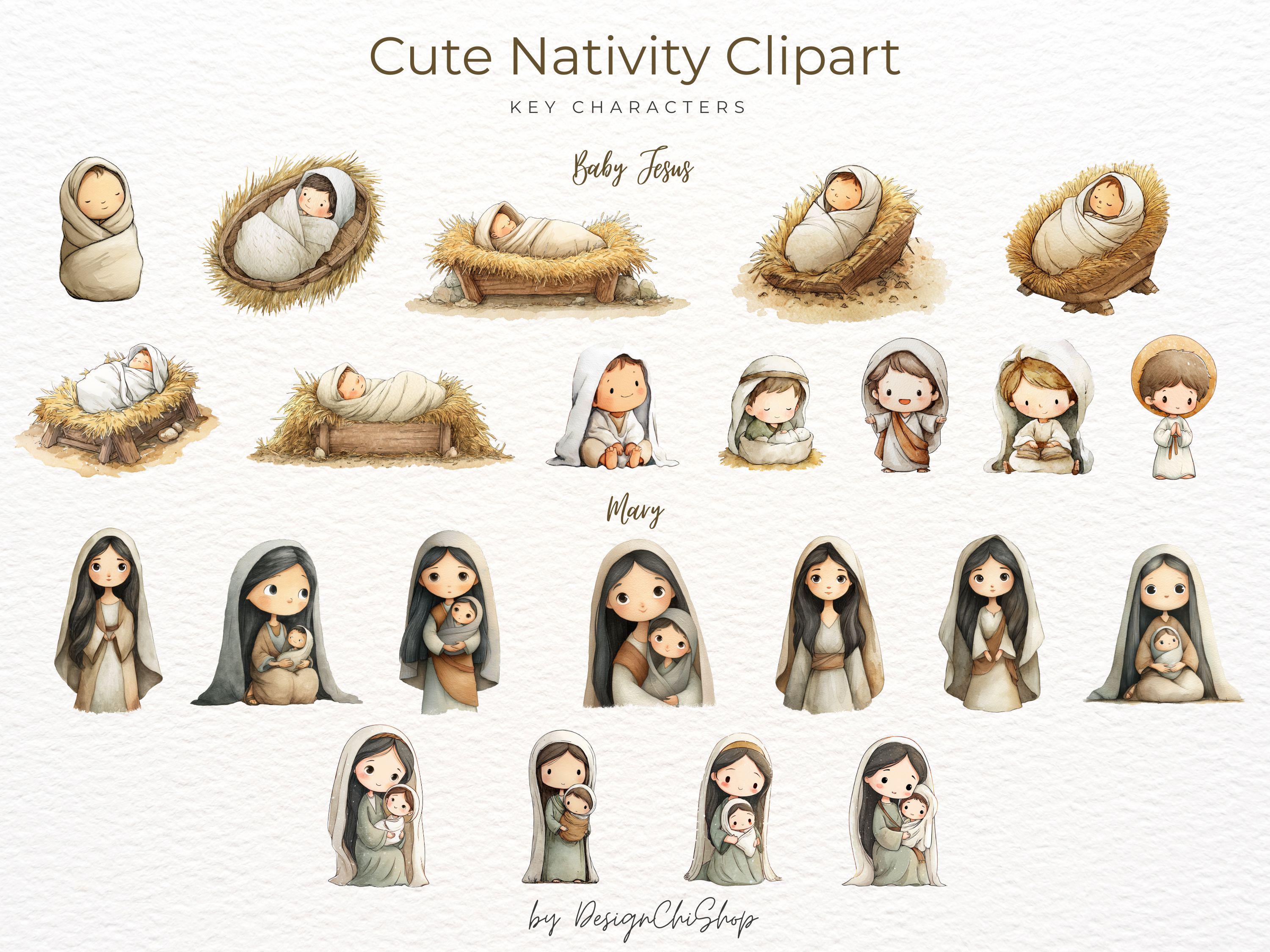 Cute Nativity Clipart Bundle, Kid's Watercolor Bible Stories, Christmas ...