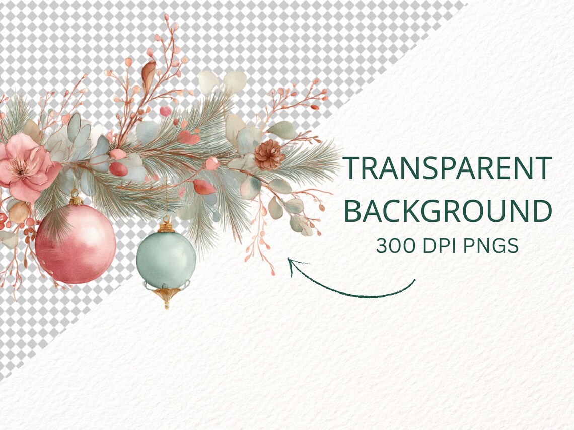 Pink Christmas Garland Clipart – Watercolor Holiday Ornaments, Floral ...