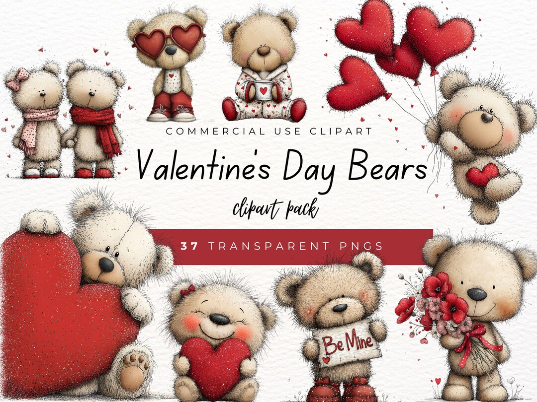 Bears Valentine's Day Clipart, Teddy Bear PNG, Love Graphics, Instant ...