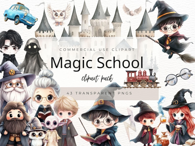 Watercolor Magic School Clipart, Kawaii Wizards & Witches (digital ...