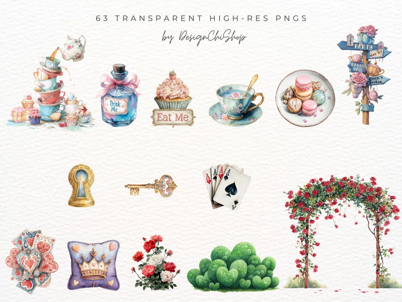 Alice in Wonderland Watercolor Clipart - 63 PNG Graphics for Junk ...