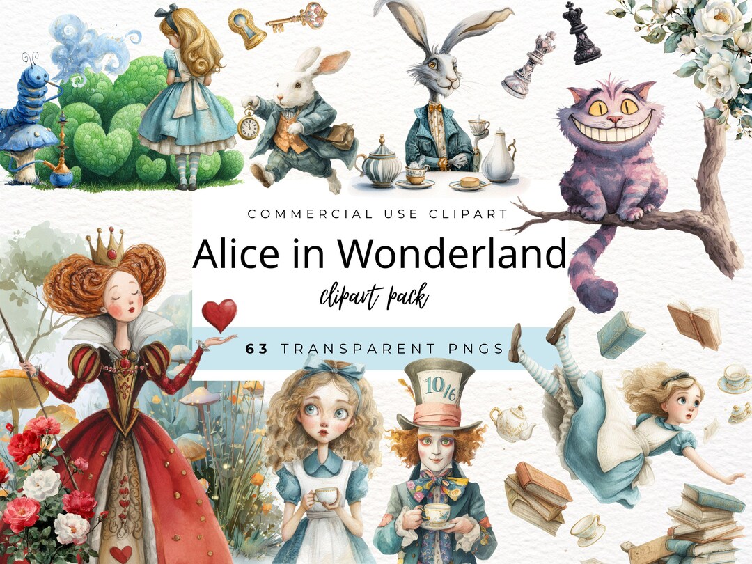 Alice in Wonderland Watercolor Clipart - 63 PNG Graphics for Junk ...