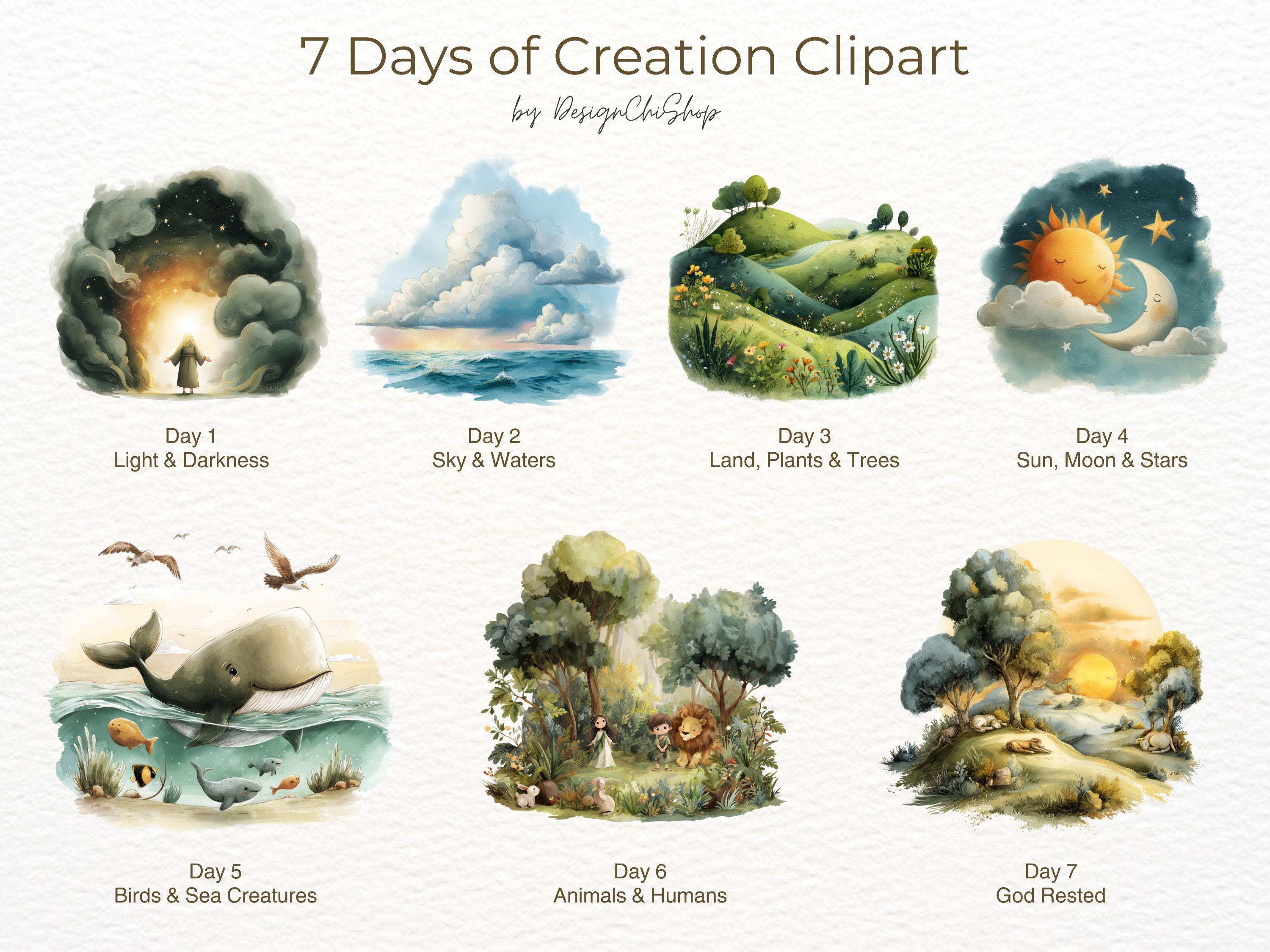 7 Days of Creation Clipart, Watercolor Biblical Scene PNG, Adam & Eve ...