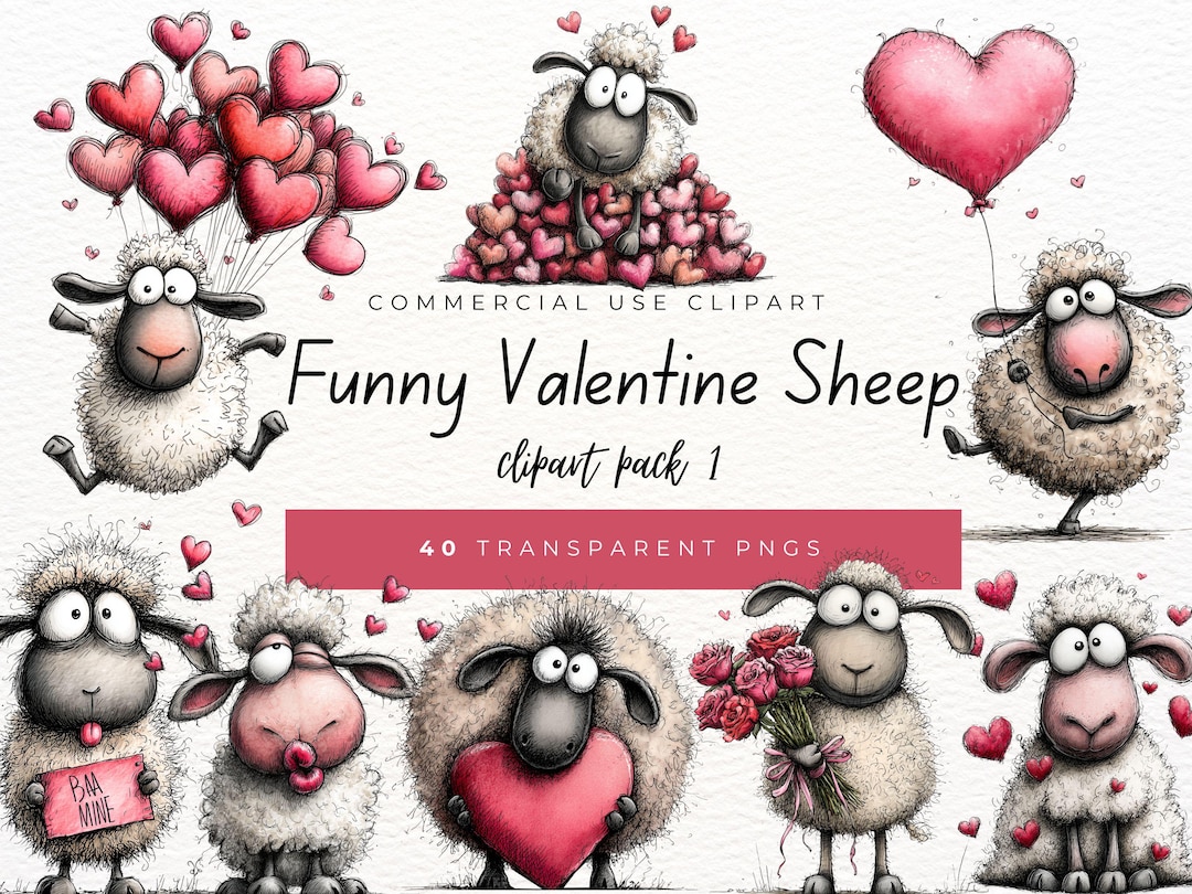 Funny Valentine Sheep Clipart Bundle | Whimsical Love Graphics ...