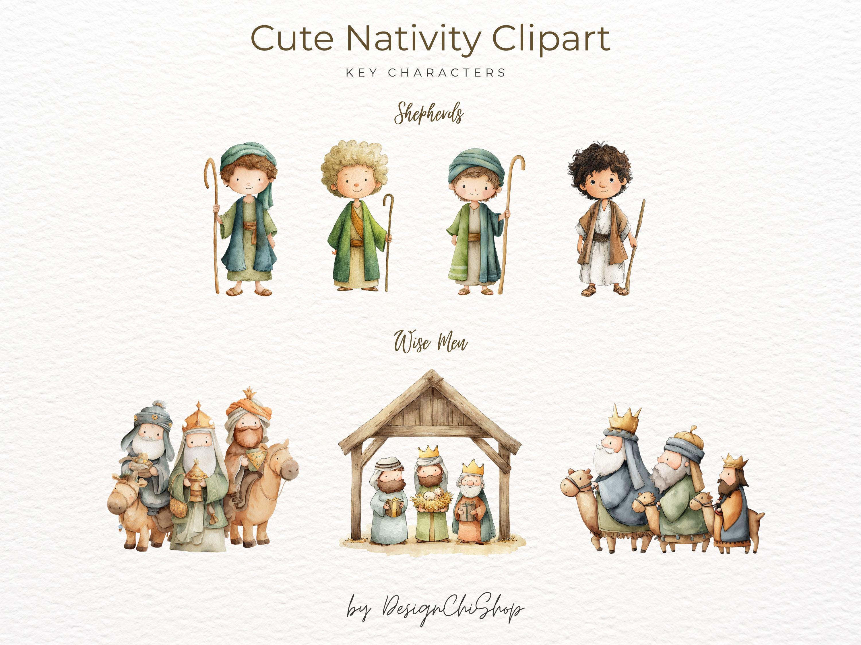Cute Nativity Clipart Bundle, Kid's Watercolor Bible Stories, Christmas ...