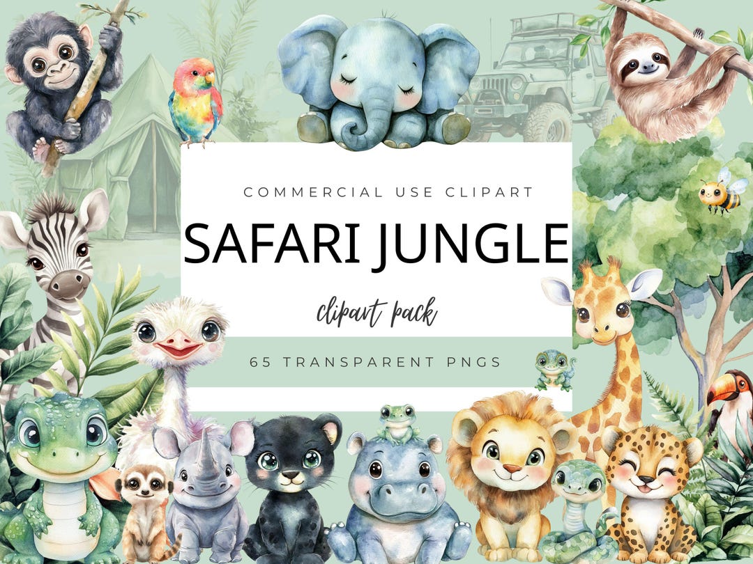 Watercolor Jungle Animals Clipart PNG Bundle, Cute Safari Animal Clip ...