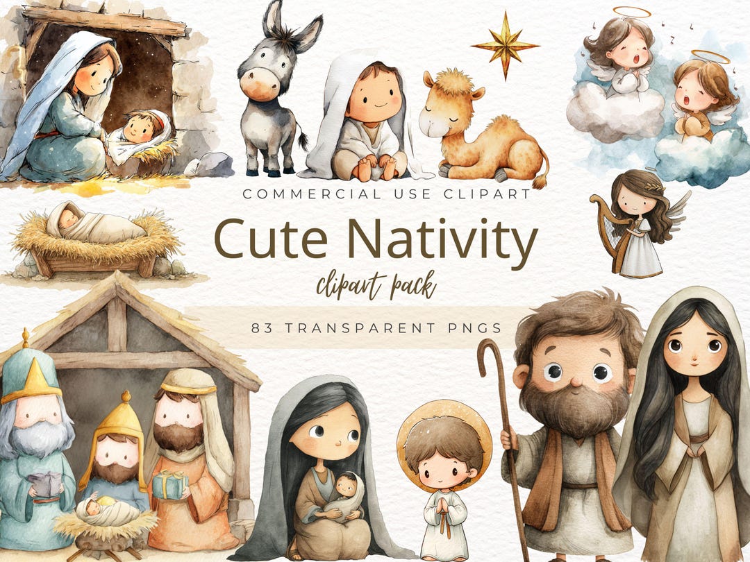 Cute Nativity Clipart Bundle, Kid's Watercolor Bible Stories, Christmas ...