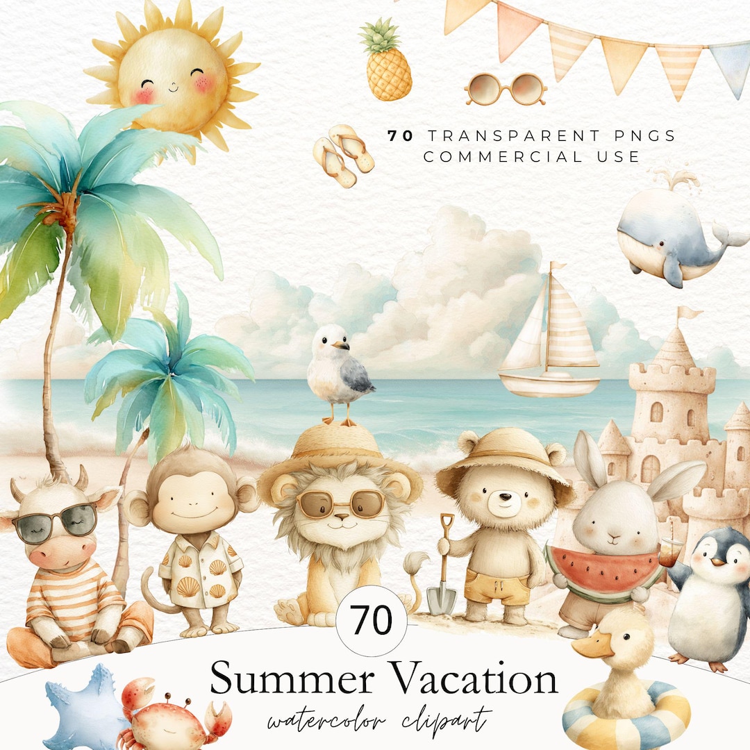 Watercolor Summer Vacation Clipart, Beach Animals & Tropical Pngs for ...
