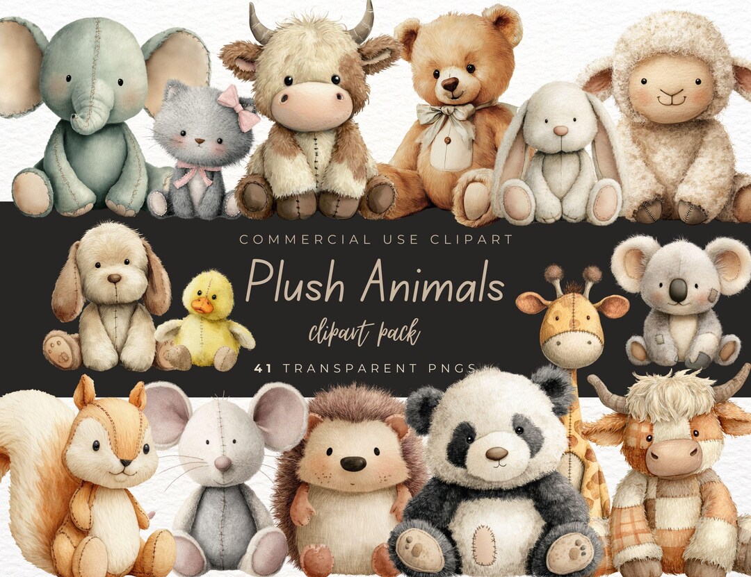 Vintage Plush Animal Clipart, Cute Stuffed Animals, Gingham Polka Dot ...