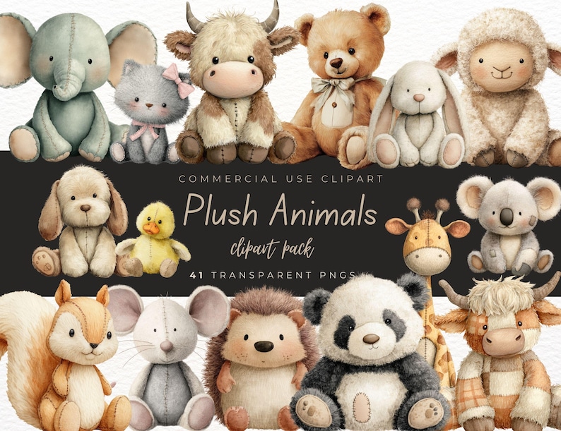 Vintage Plush Animal Clipart, Cute Stuffed Animals, Gingham Polka Dot ...