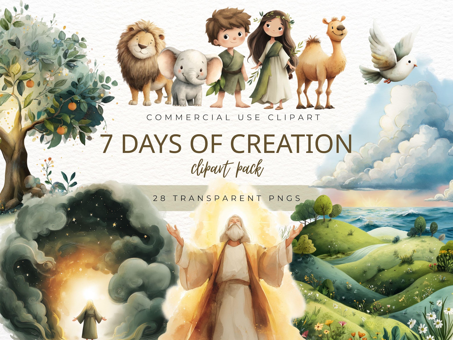 7 Days of Creation Clipart, Watercolor Biblical Scene PNG, Adam & Eve ...