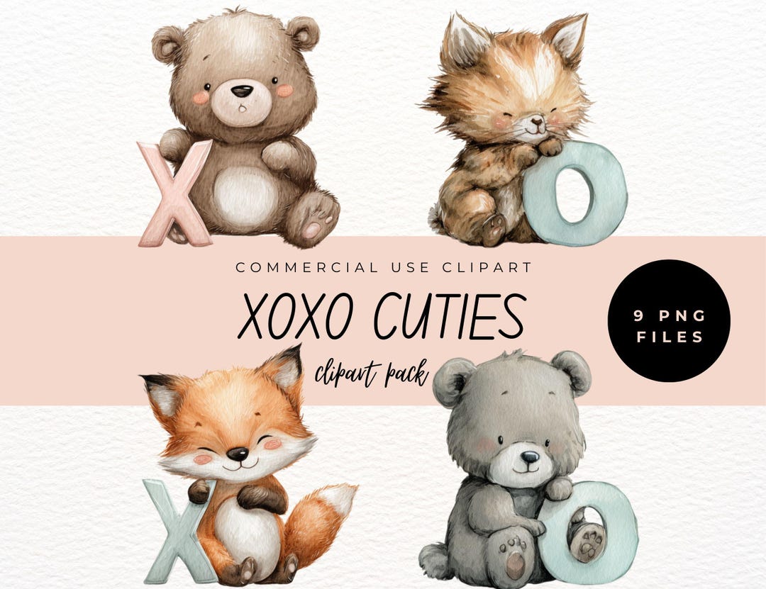 Adorable Animals XOXO Clipart, Watercolor Baby Animals PNG Bundle ...