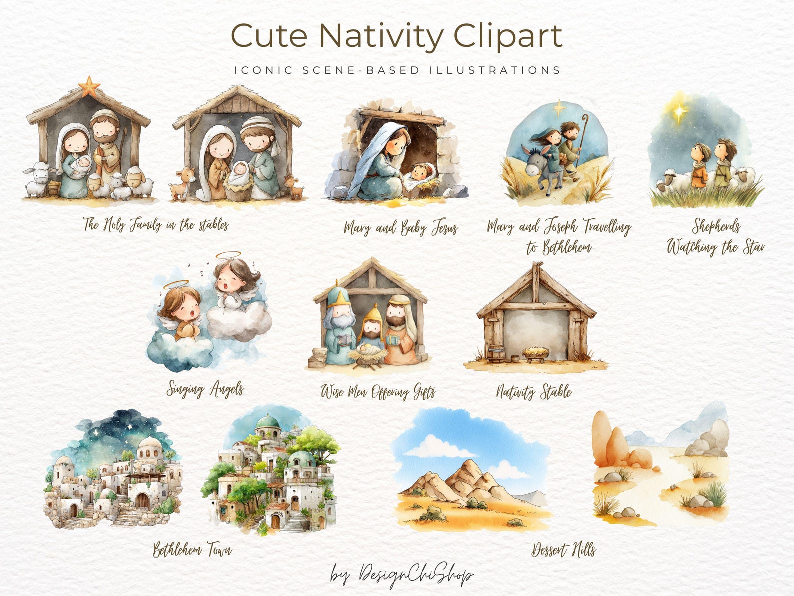 Cute Nativity Clipart Bundle, Kid's Watercolor Bible Stories, Christmas ...