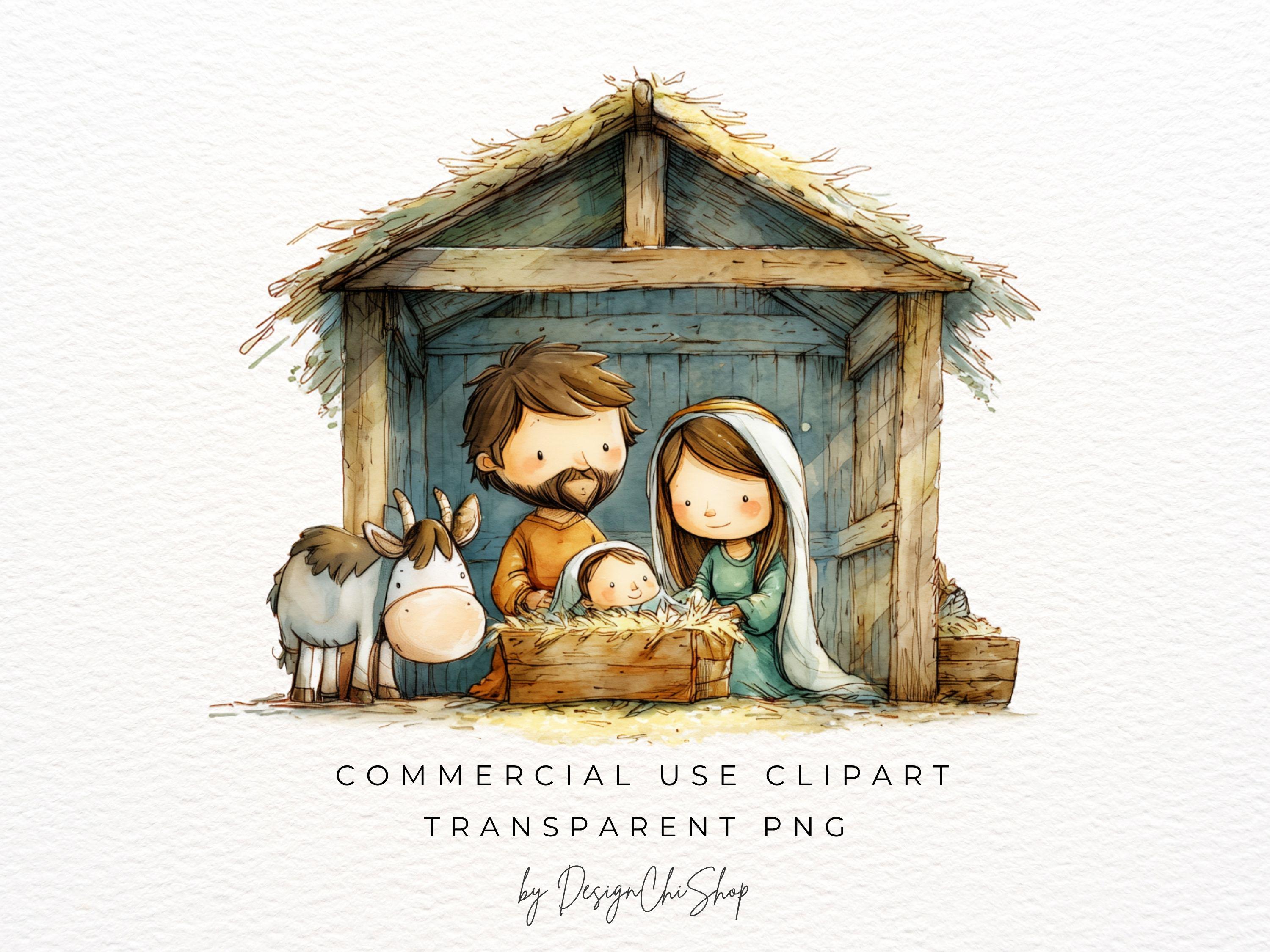Cute Nativity Scene Clipart, Watercolor Bible Stories, Christmas Holy ...