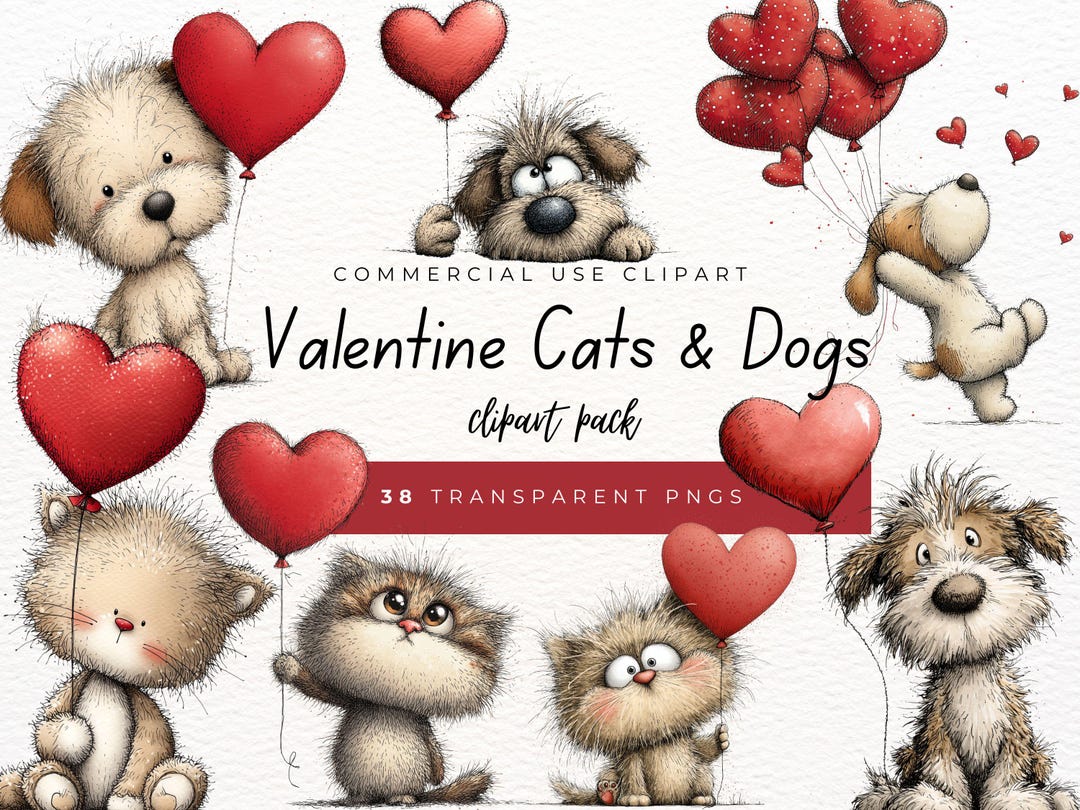Valentine Cats & Dogs Clipart | Valentine's Day Pngs | Whimsical Pets ...