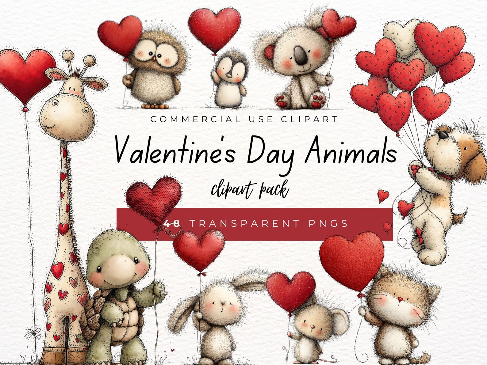 Valentine Animals Clipart, Valentine's Day Pngs, 48 Whimsical Graphics ...