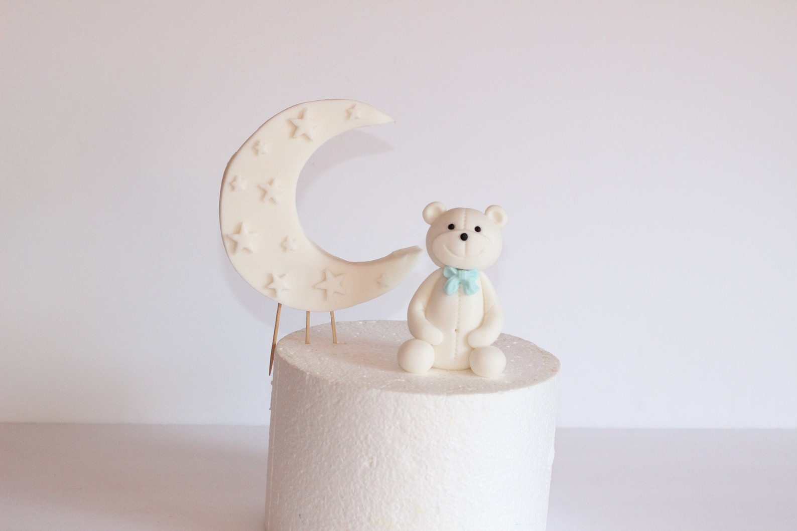 Fondant Teddy Bear and Moon All White Cake Topper Baby Shower - Etsy