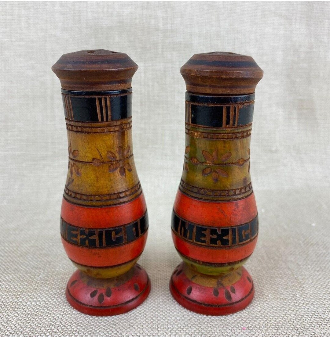 Vintage Handmade Wooden MEXICO Salt and Pepper Shakers Folk Art - Etsy