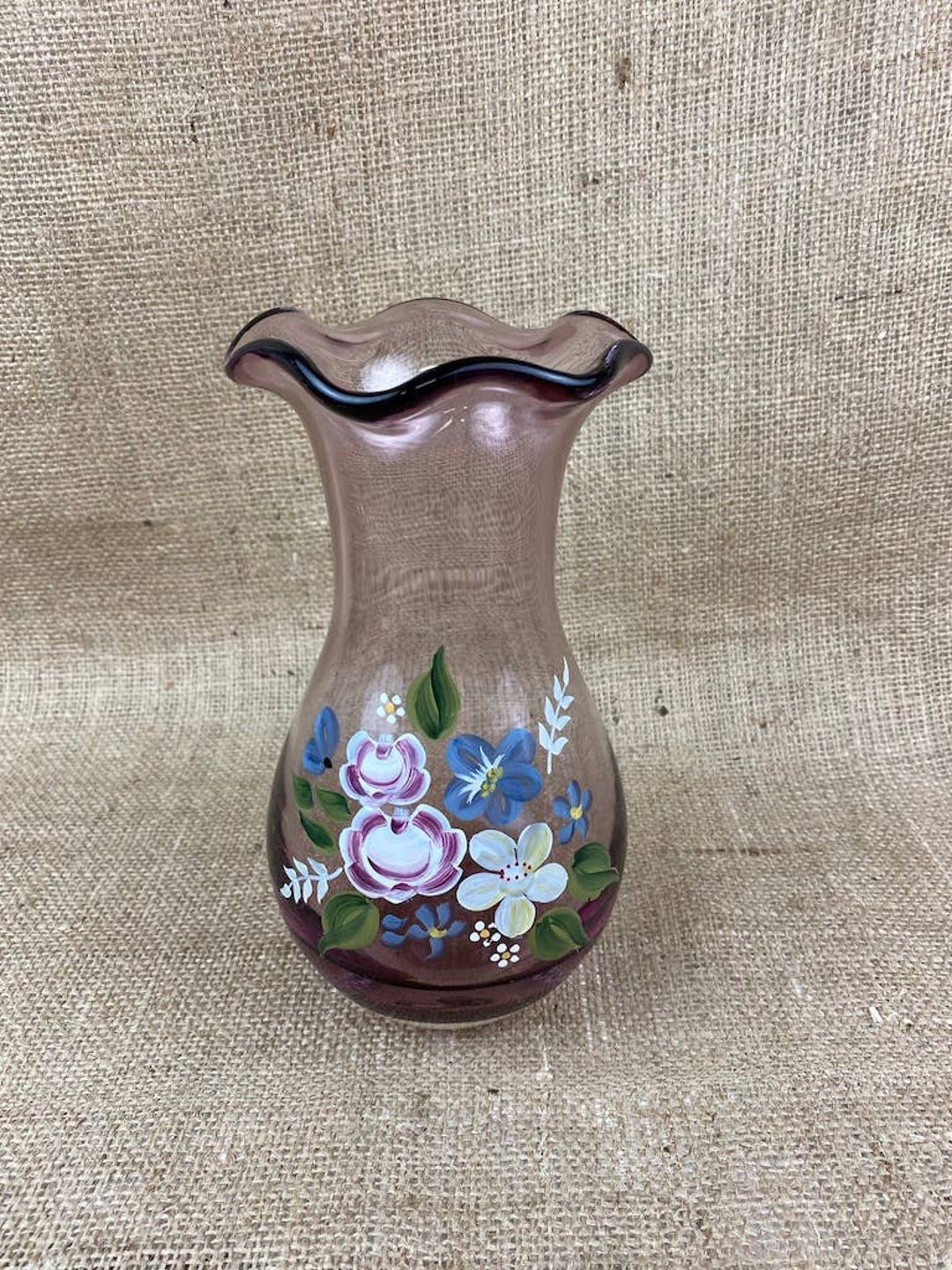 Fenton Hand Blown Amethyst Vase With Ruffle Edge Hand Painted Flowers ...