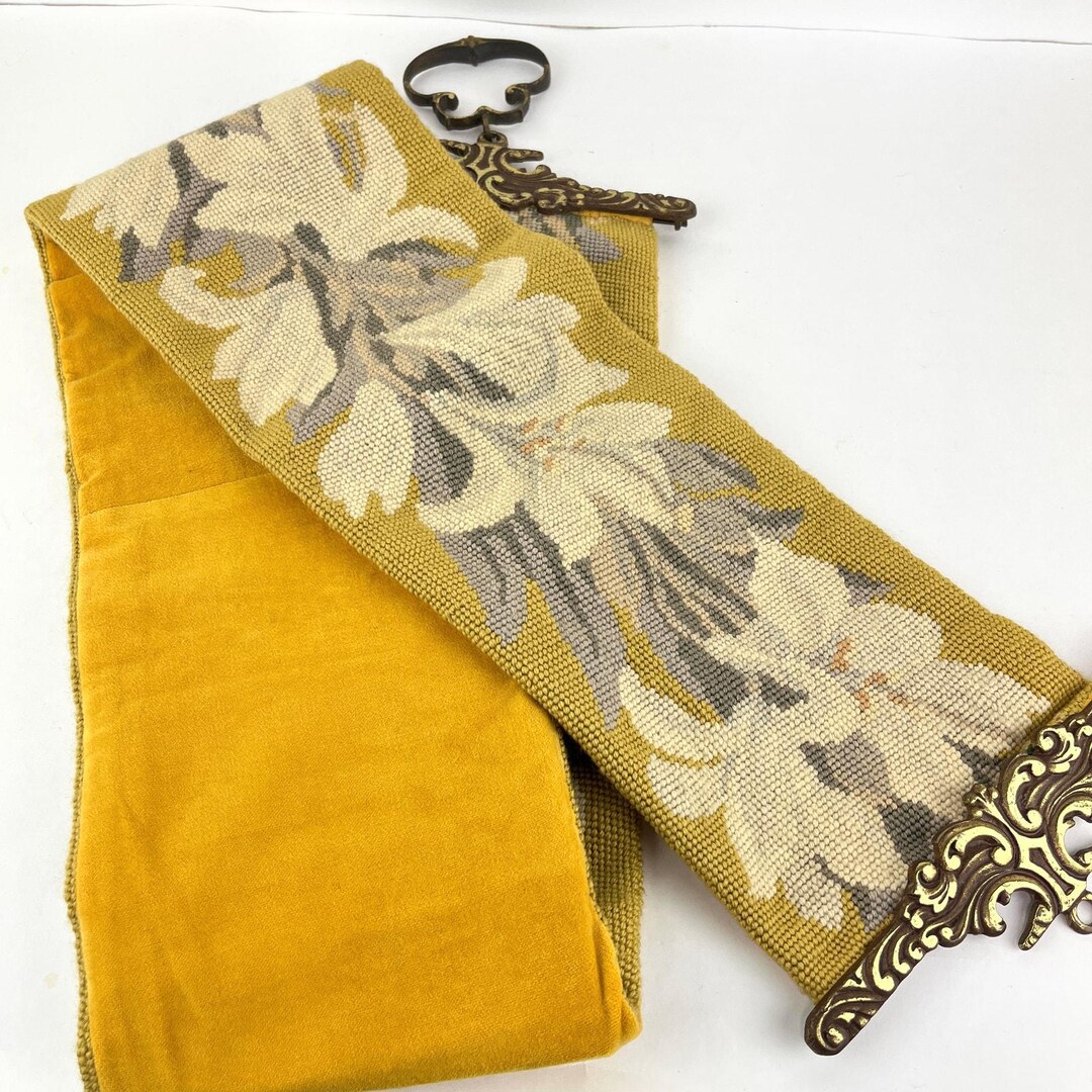 Vintage Floral Tapestry Needlepoint Bell Pull Wall Hanging Art Brass ...
