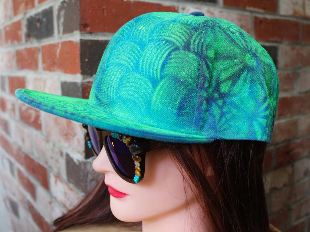 Bright Neon Blue & Lime Green Hand Painted Fitted Size 8 Flat Brim ...