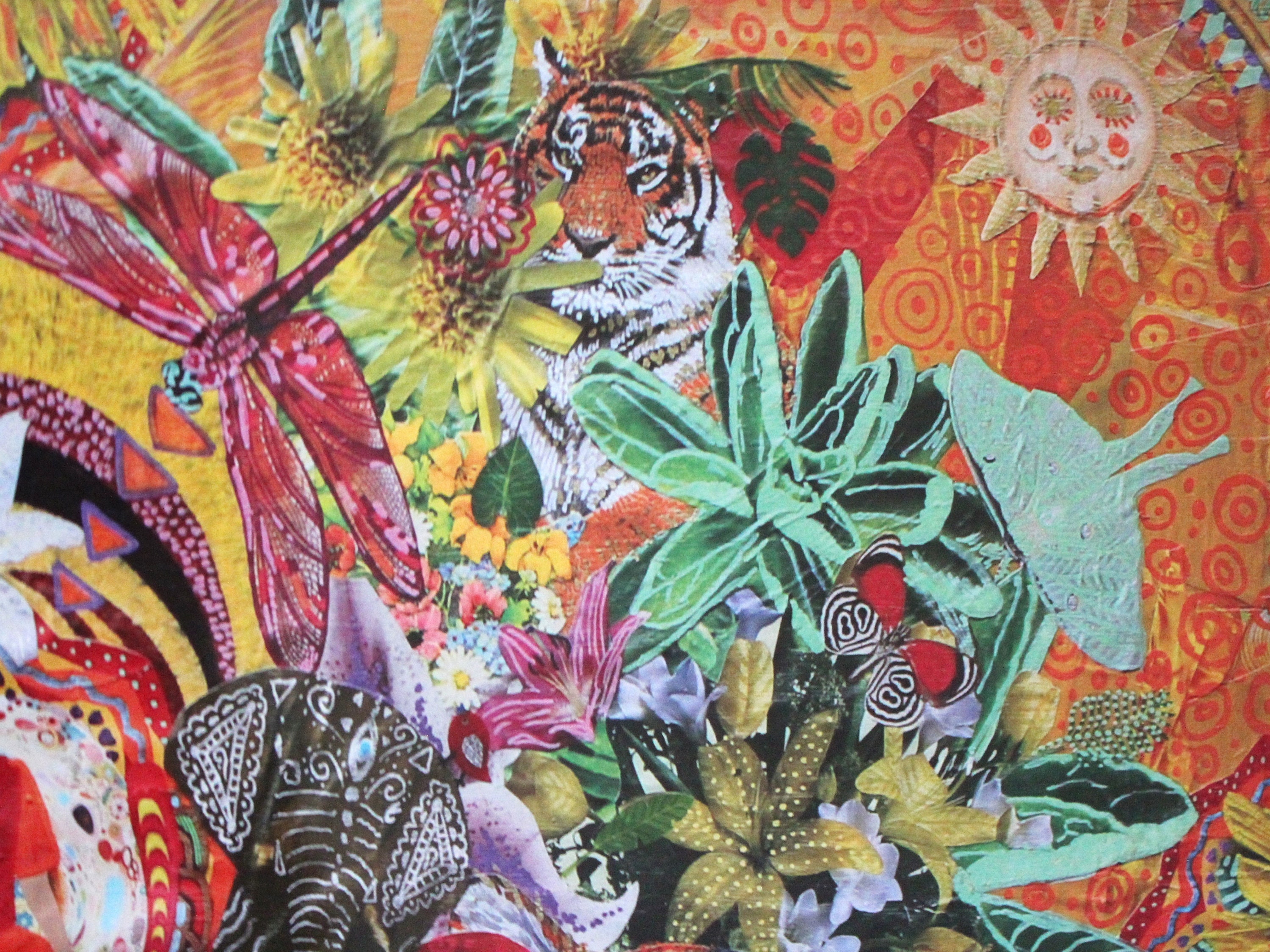 FUNKY JUNGLE #1038 Tigers in Jungle W/ Elephants Parrots Flowers and ...
