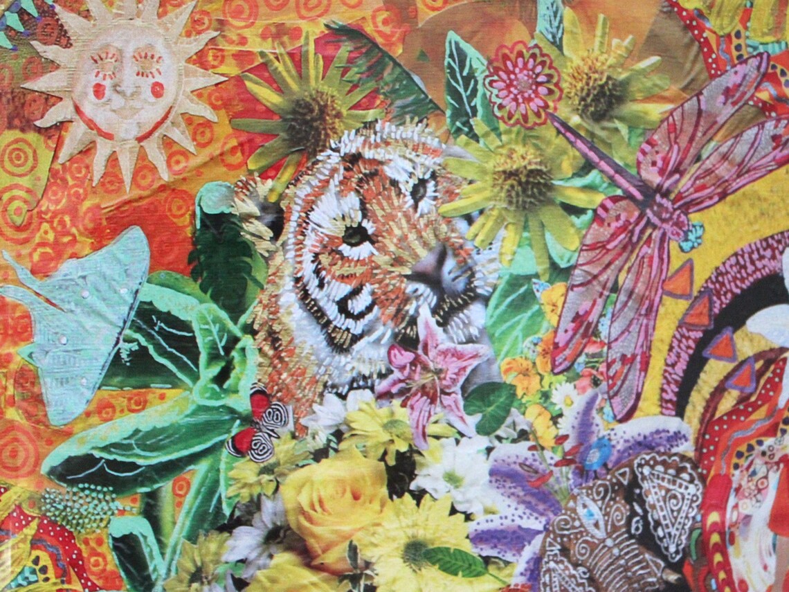 FUNKY JUNGLE #1038 Tigers in Jungle W/ Elephants Parrots Flowers and ...