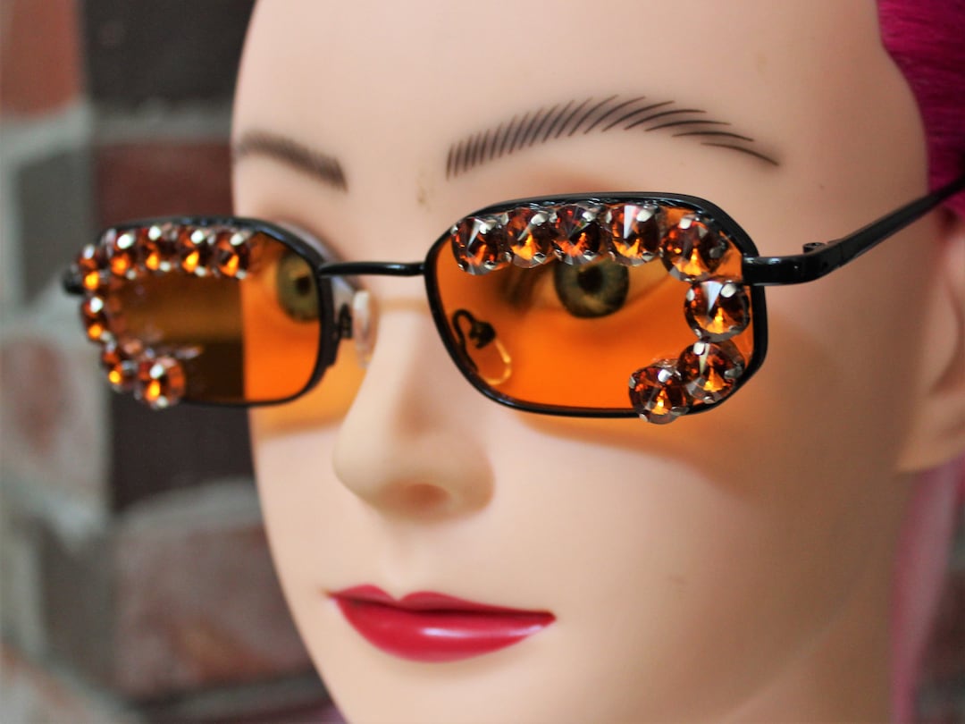 AMBER EYES - Orange Colored Lens Glam Sunglasses W Glass Crystal Gems ...
