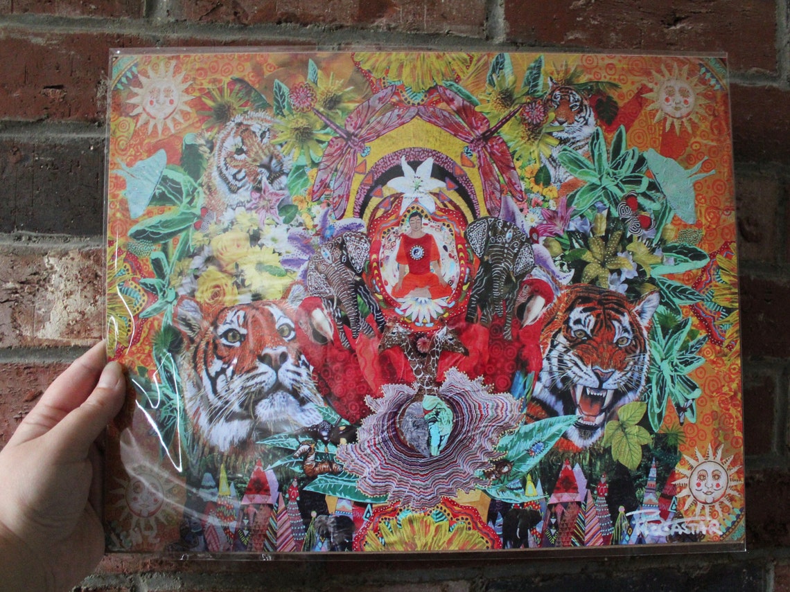 FUNKY JUNGLE #1038 Tigers in Jungle W/ Elephants Parrots Flowers and ...