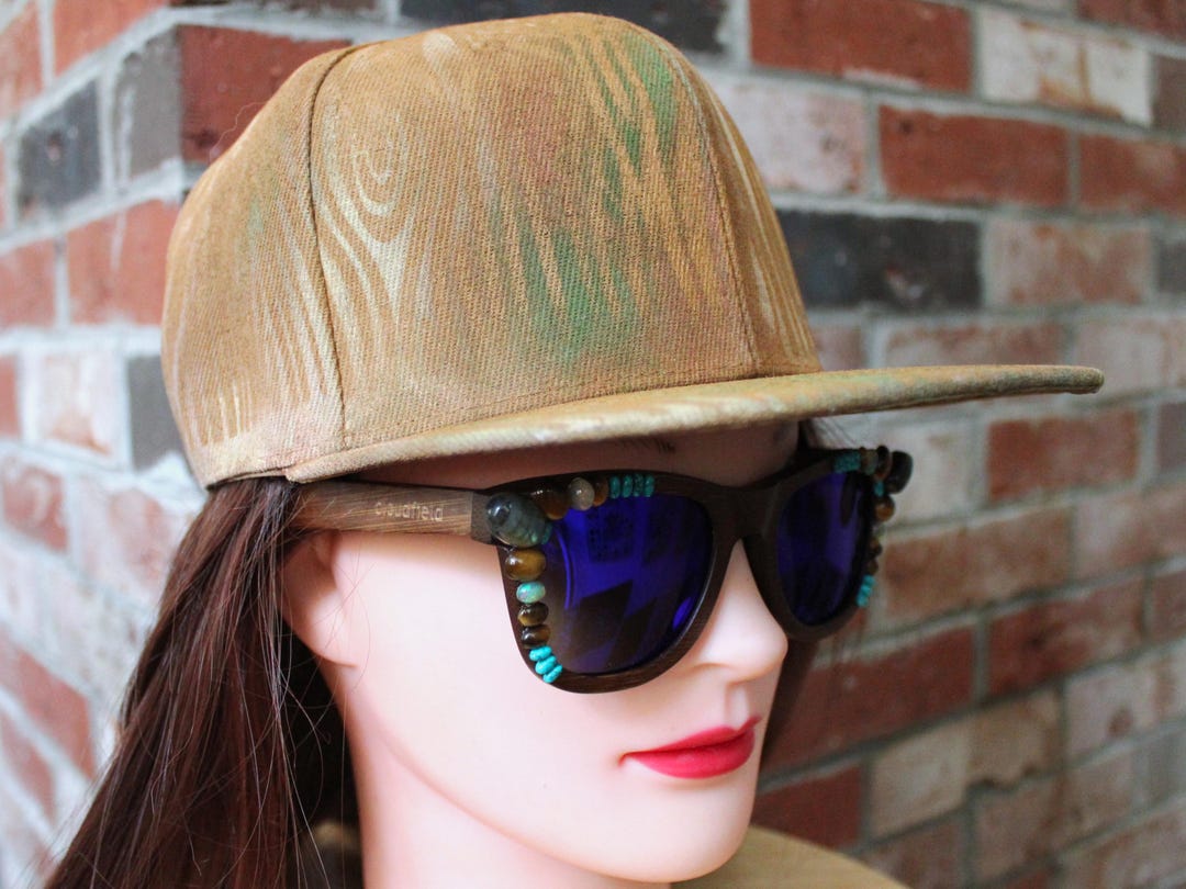 Brown, Tan, & Green Hat W/ Hand Painted Wood Grain Designs - Flat Brim ...