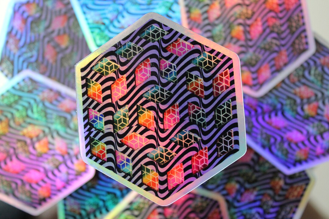 WAVY - Psychedelic Rainbow Cube Hexagon Holographic Vinyl Sticker ...