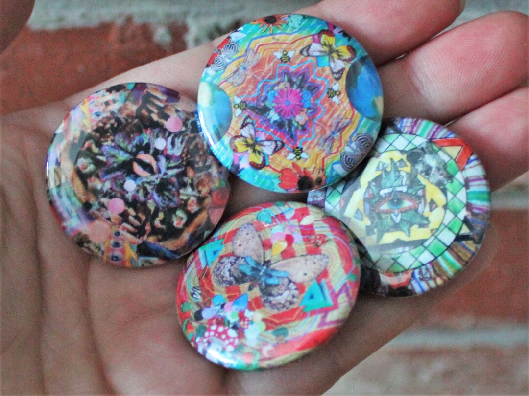 Set of 4 Collage Buttons Button Pin Art Badges Trippy Psychedelic ...