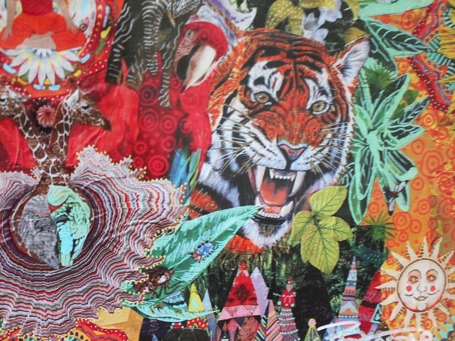 FUNKY JUNGLE #1038 Tigers in Jungle W/ Elephants Parrots Flowers and ...