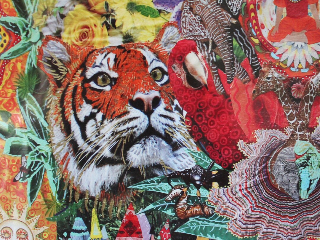 FUNKY JUNGLE #1038 Tigers in Jungle W/ Elephants Parrots Flowers and ...