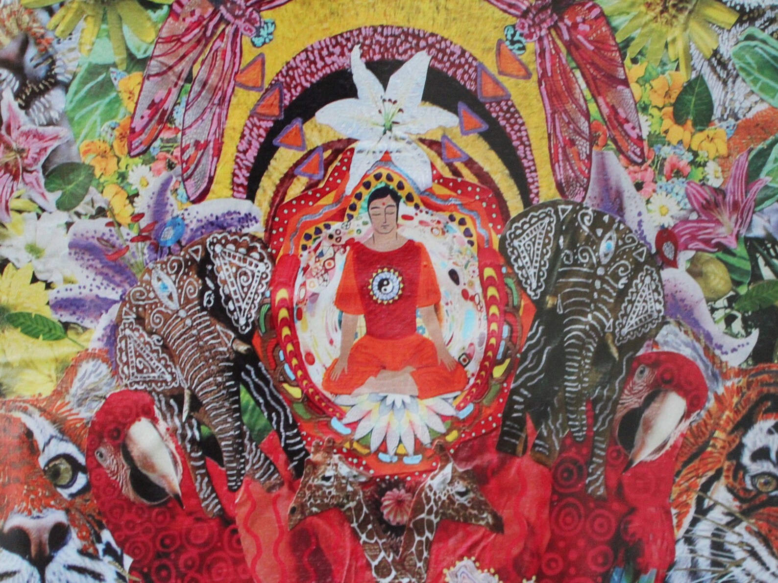 FUNKY JUNGLE #1038 Tigers in Jungle W/ Elephants Parrots Flowers and ...