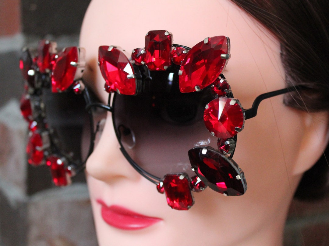 RUBY RAVE Extra Oversized Circle Sunglasses With Bold Red Crystal Gems ...
