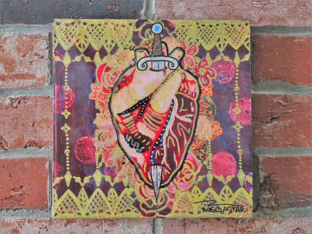 WOUNDED - Anatomical Heart Artwork - Red Blue Gold Original Painting ...