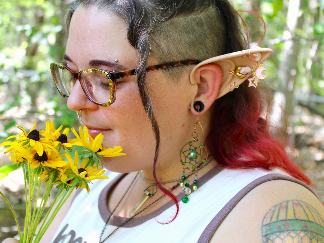 Pierced Elf Ears W/ Pastel Pink Rose Adornments - Gold & Pink Charm ...