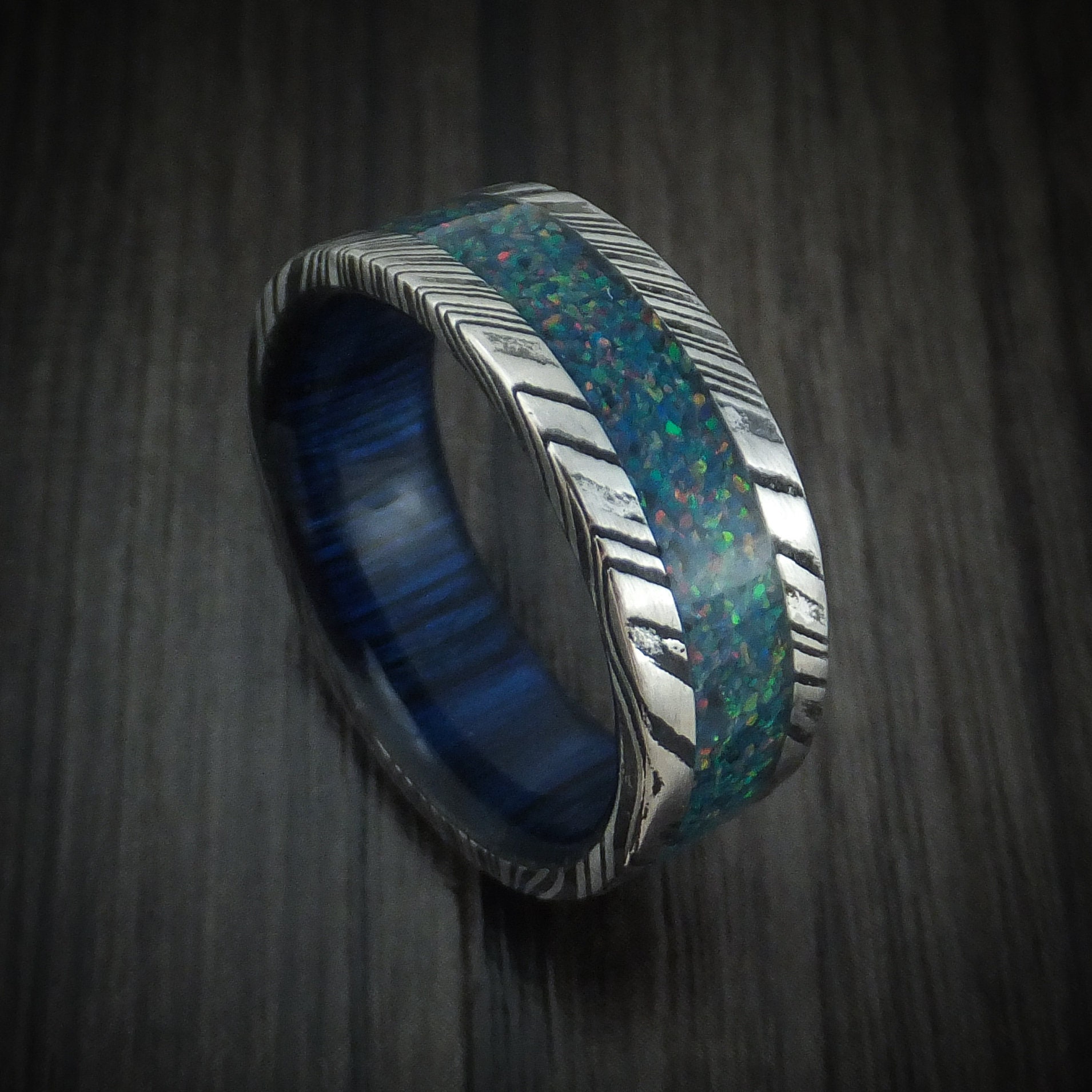 Kuro Damascus Steel Opal Ring with Wood Sleeve Custom Made | Etsy