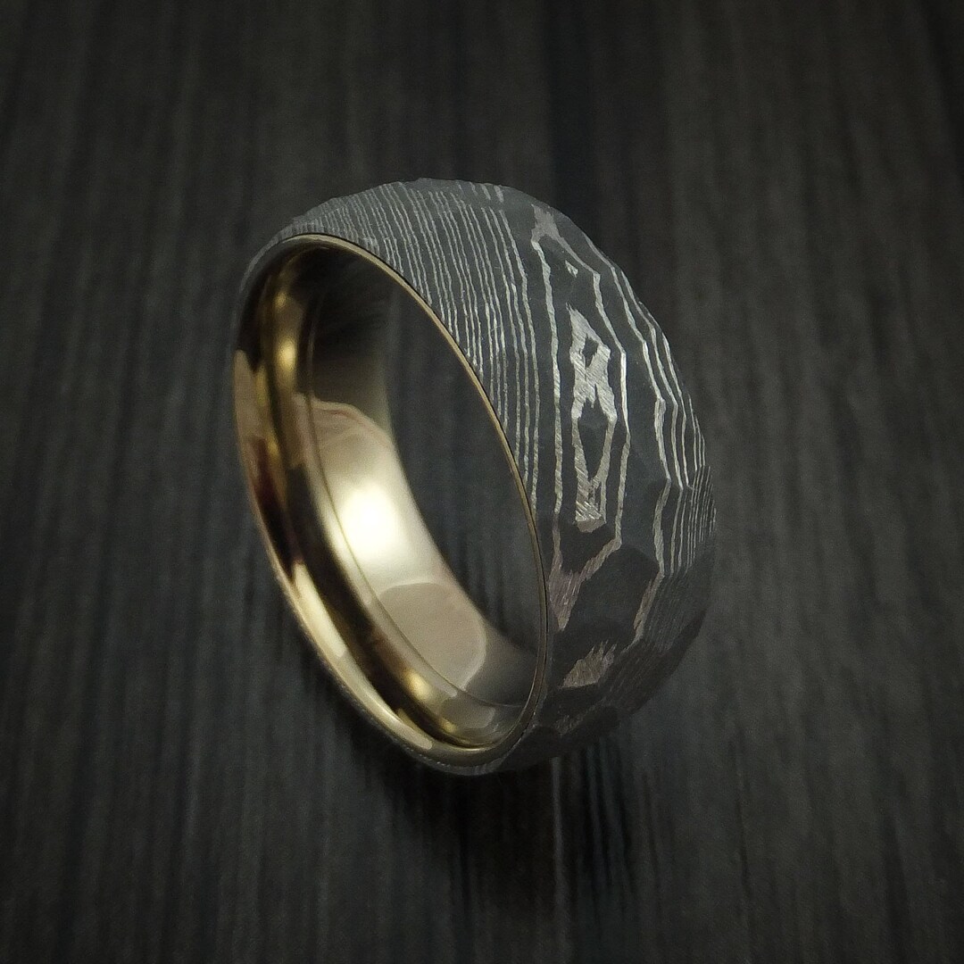 Damascus Steel Ring With Rock Hammer Finish and Anodized Titanium ...