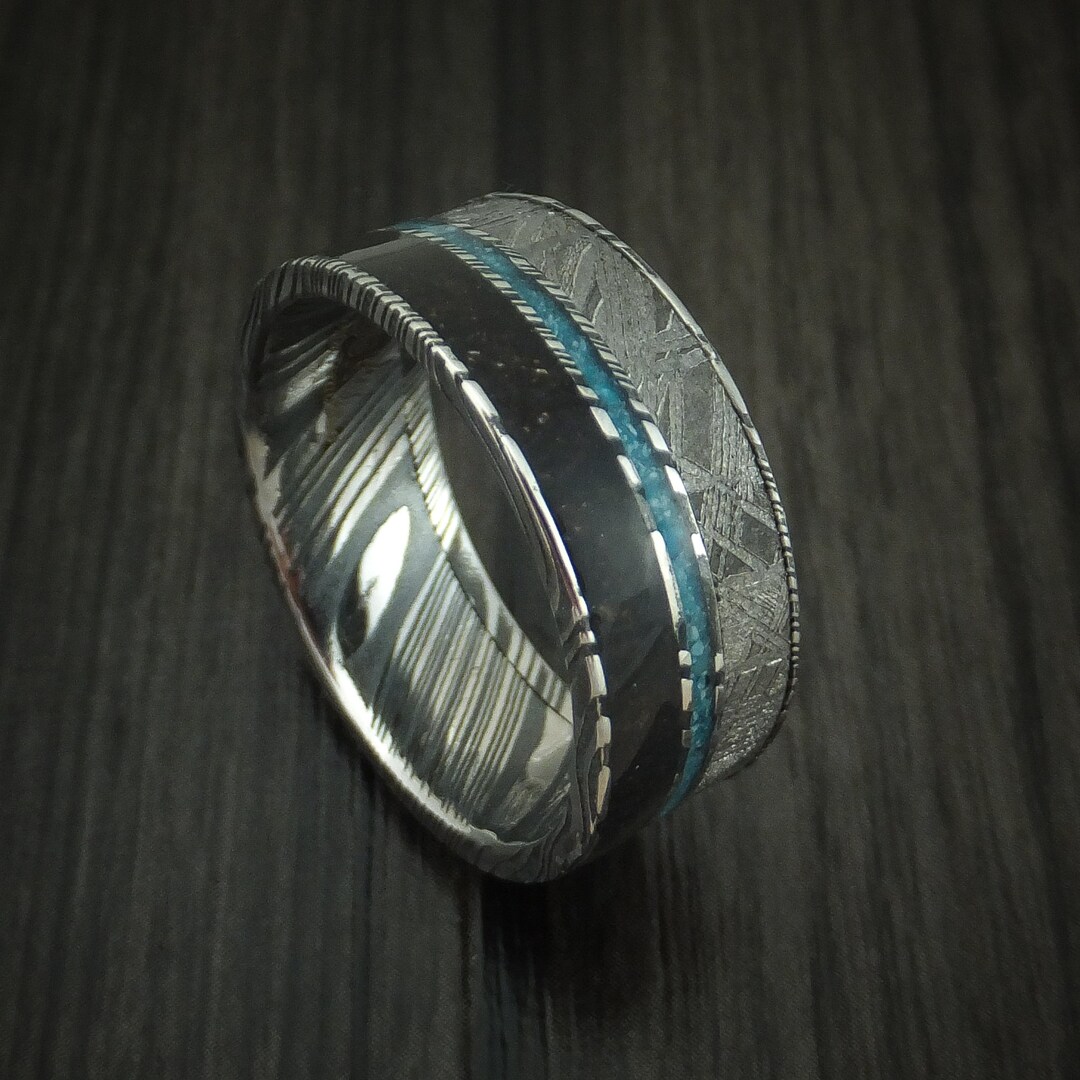 Kuro Damascus Steel Black Dinosaur Bone and Gibeon Meteorite Ring With ...