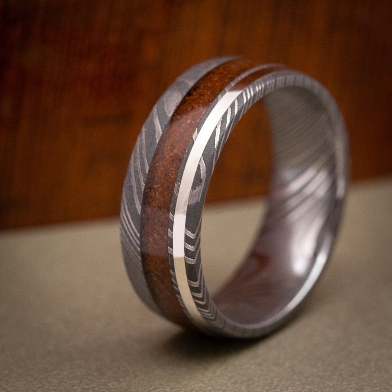 Damascus Steel Ring With Dinosaur Bone and 14K Gold Inlay - Etsy