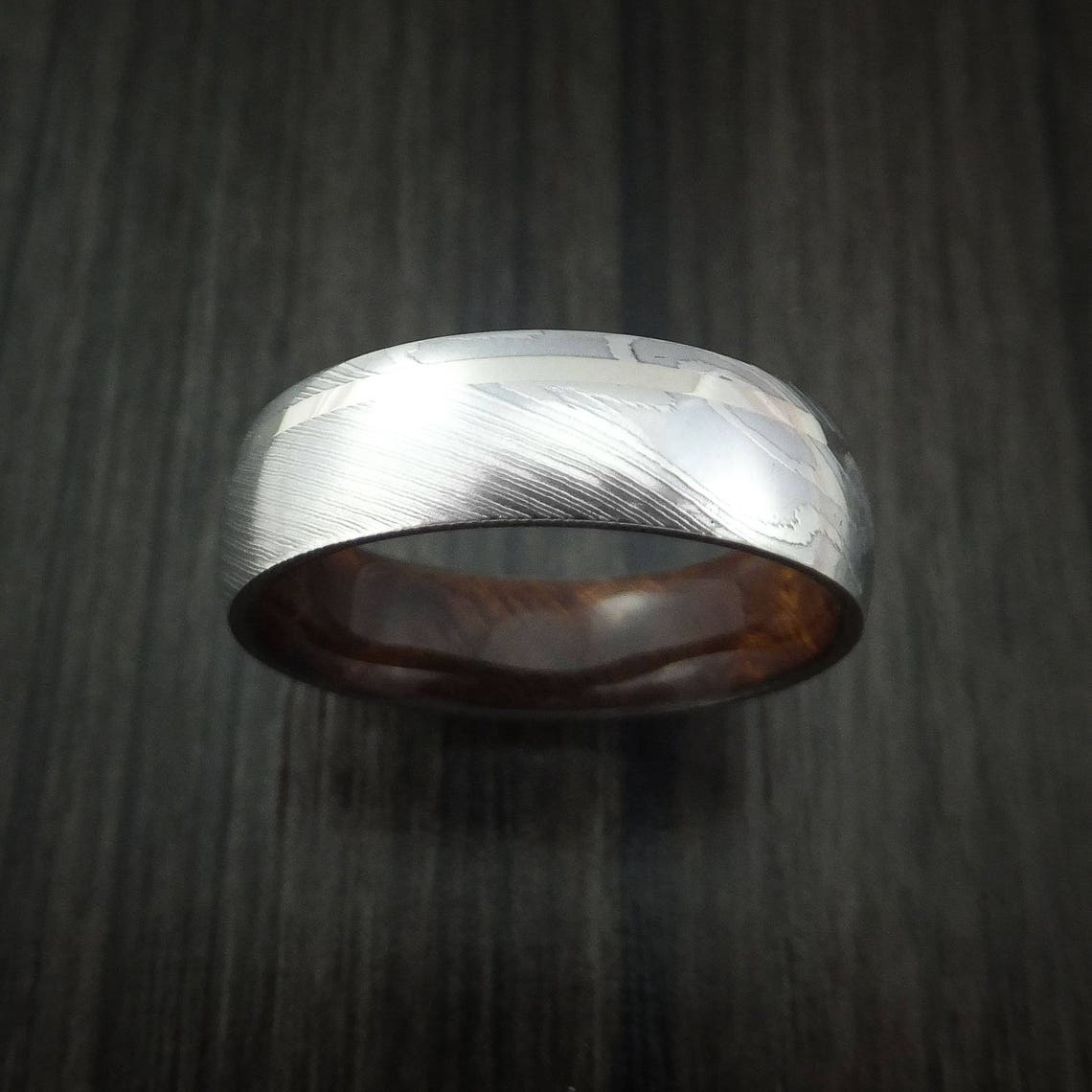 Damascus Steel Ring With 14k White Gold Inlay and Desert - Etsy